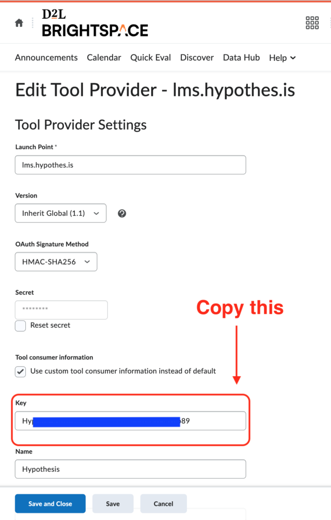 Register a new D2L Brightspace OAuth 2.0 app integration for an existing Hypothesis LMS app ...
