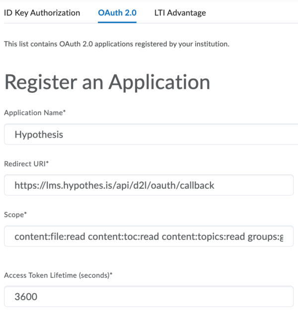 Register a new D2L Brightspace OAuth 2.0 app integration for an existing Hypothesis LMS app ...